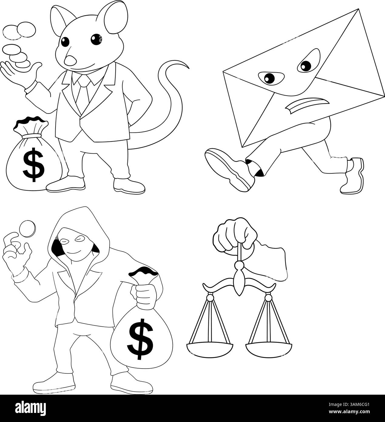 Line art cartoon illustration set depicting corruption and justice ...
