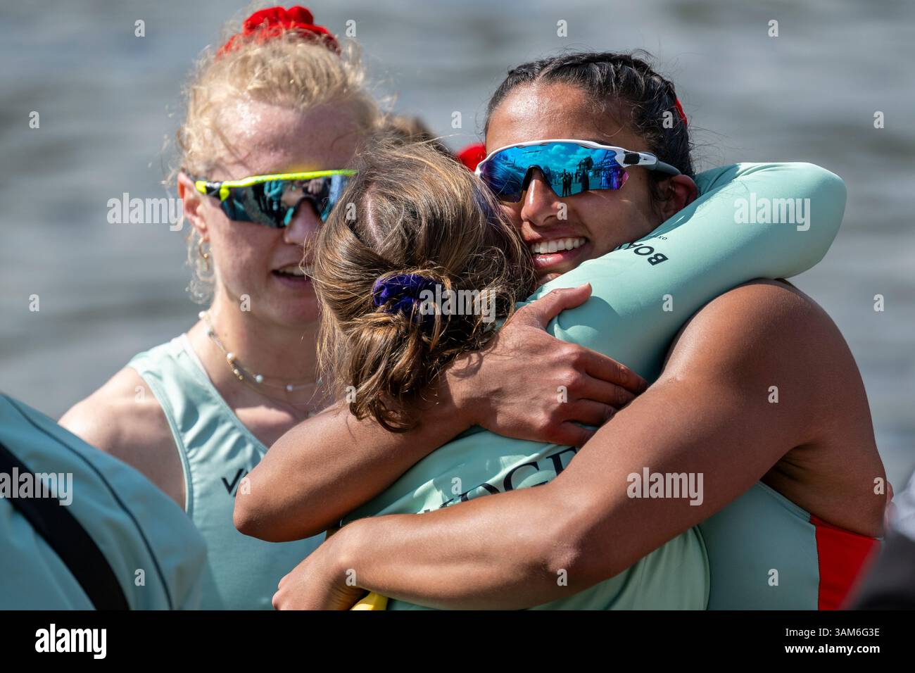 London, UK. 13 April 2025. Members of the Cambridge crew celebrate ...