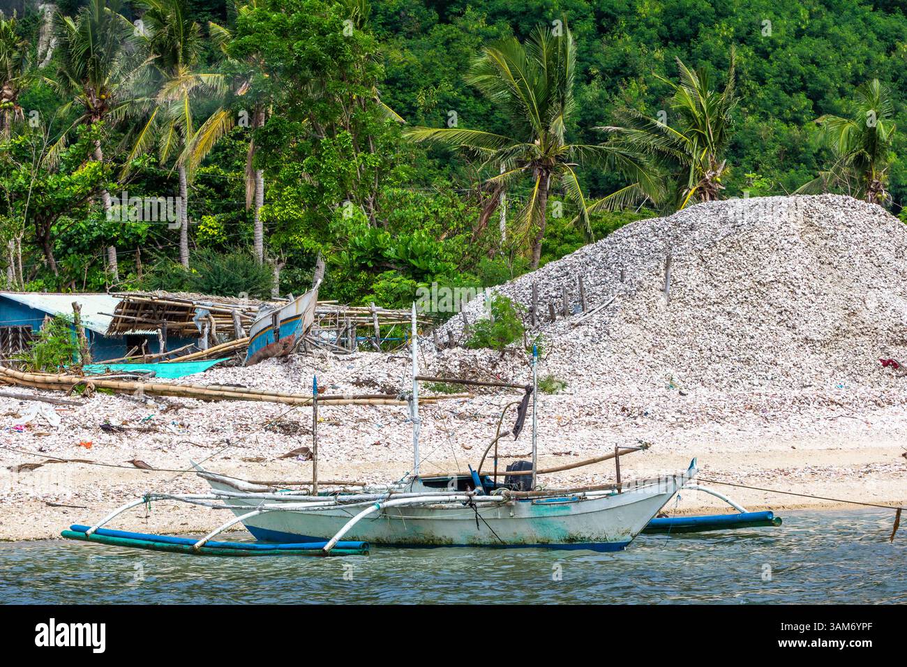 A lone banca docked on the shore with piles of empty scallop shells in ...
