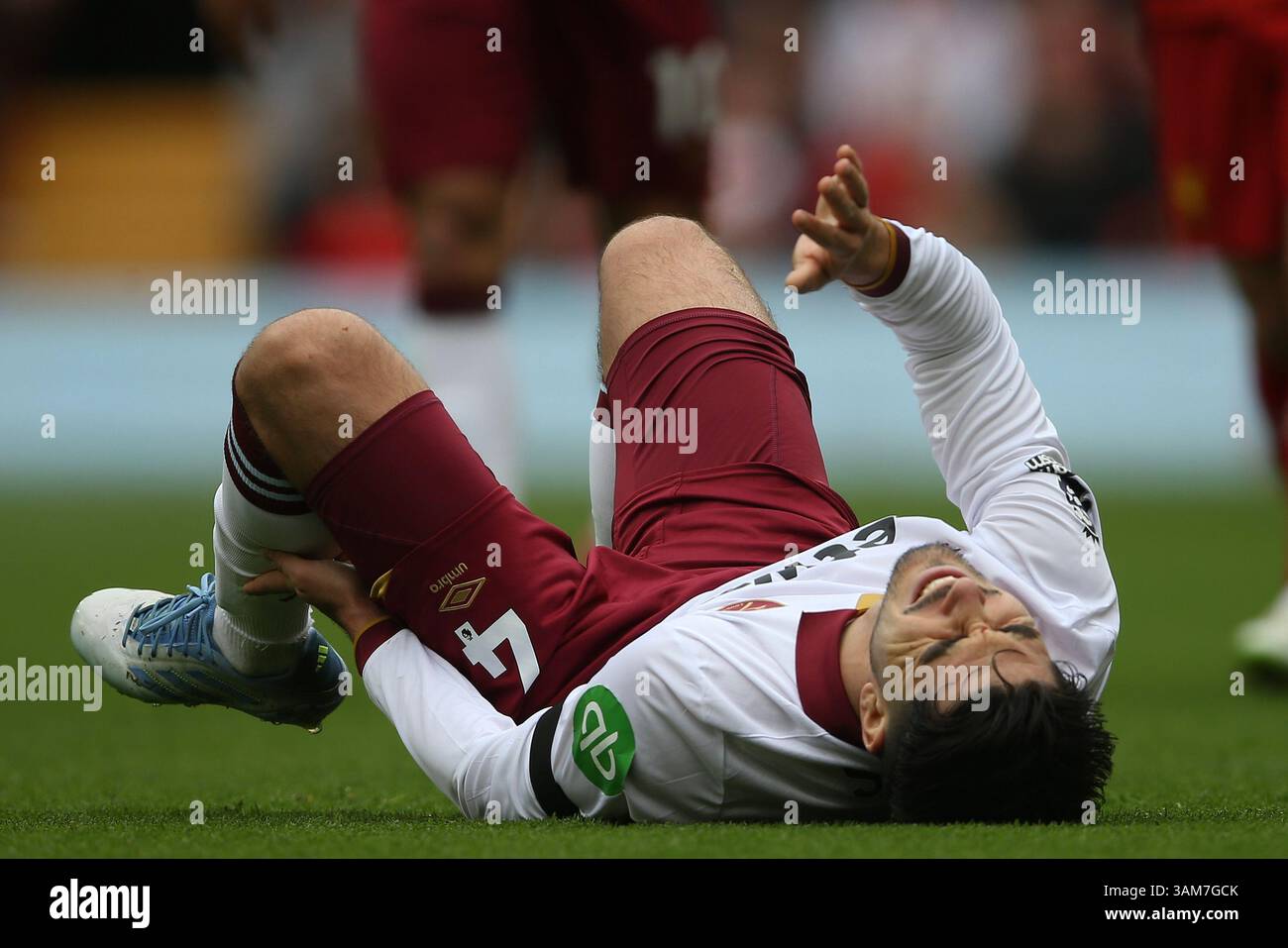 Carlos Soler of West Ham United signals for treatment. Premier League ...
