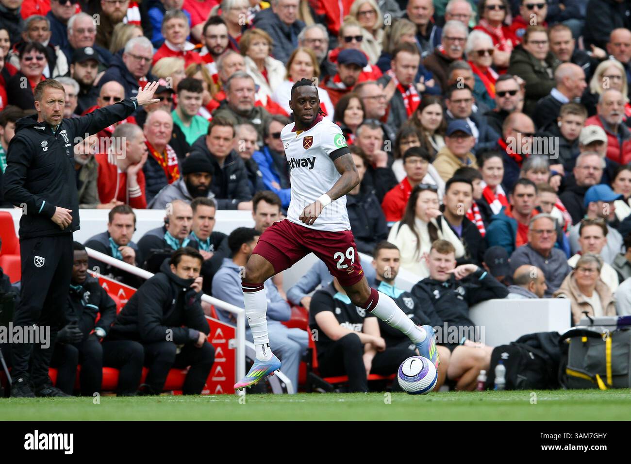 Liverpool, UK. 13th Apr, 2025. Aaron Wan-Bissaka of West Ham United in ...