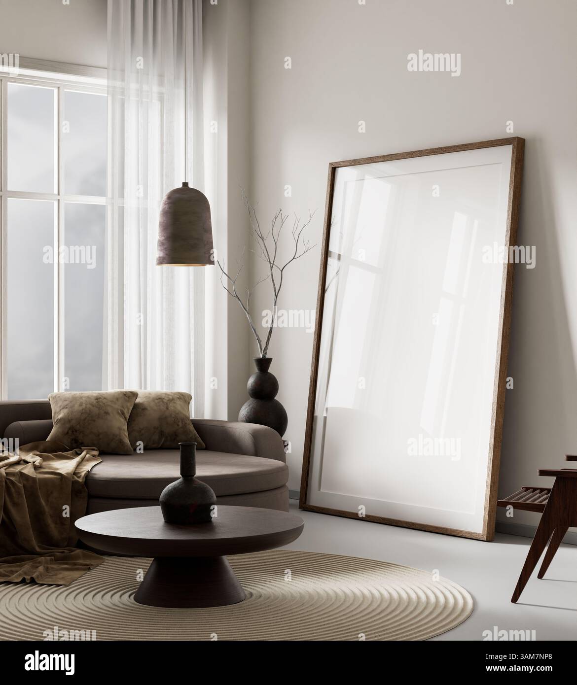 living room interior mock up with modern furnitures. Poster frame mock ...