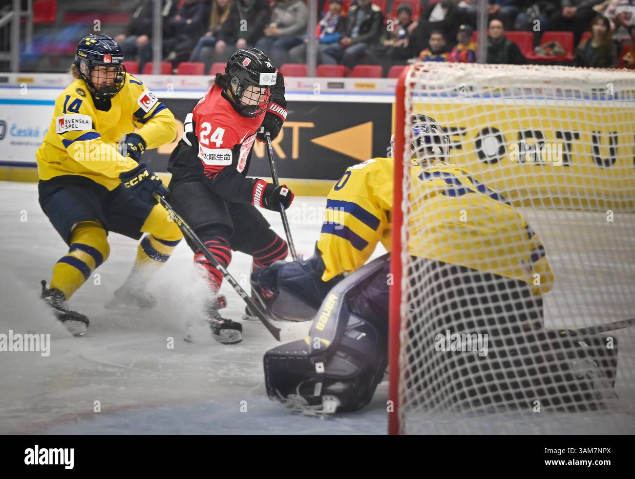 L-R Ida Karlsson (SWE), Mei Miura (JPN) and goalkeeper Emma Soderberg ...
