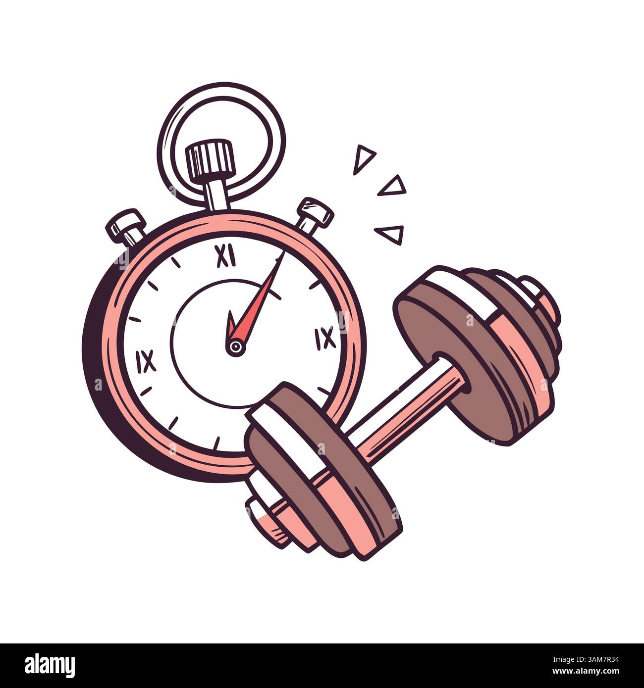 Cartoon illustration of stopwatch and dumbbell, symbolizing the ...