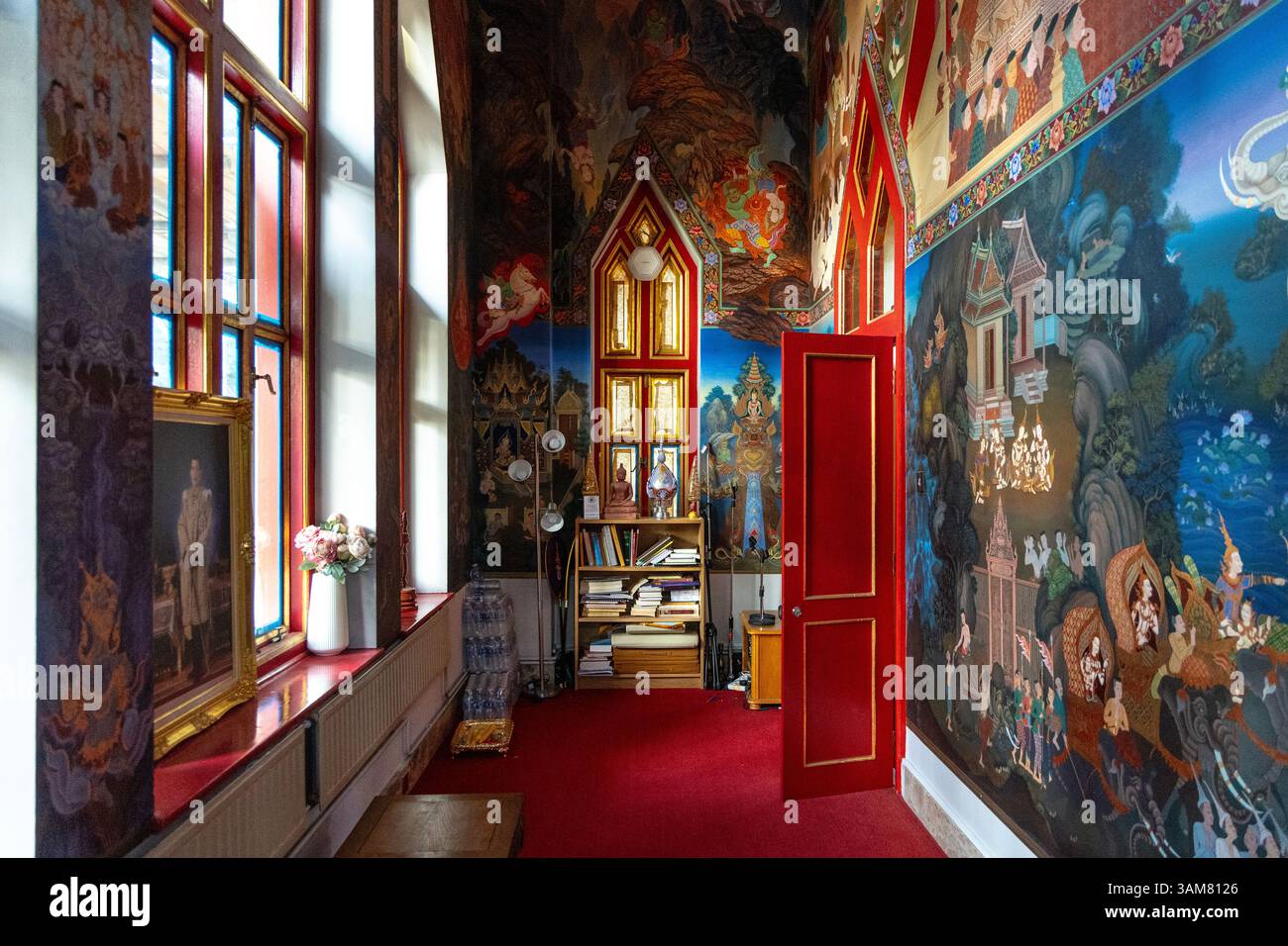 Interior of the Ordination Hall of Buddhapadipa Temple with murals by ...
