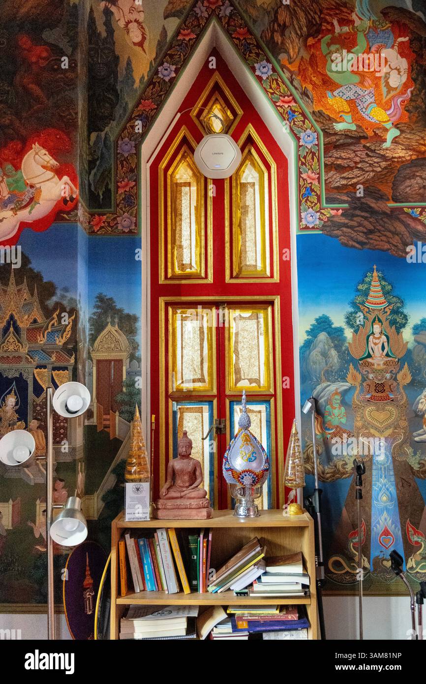 Interior of the Ordination Hall of Buddhapadipa Temple with murals by ...
