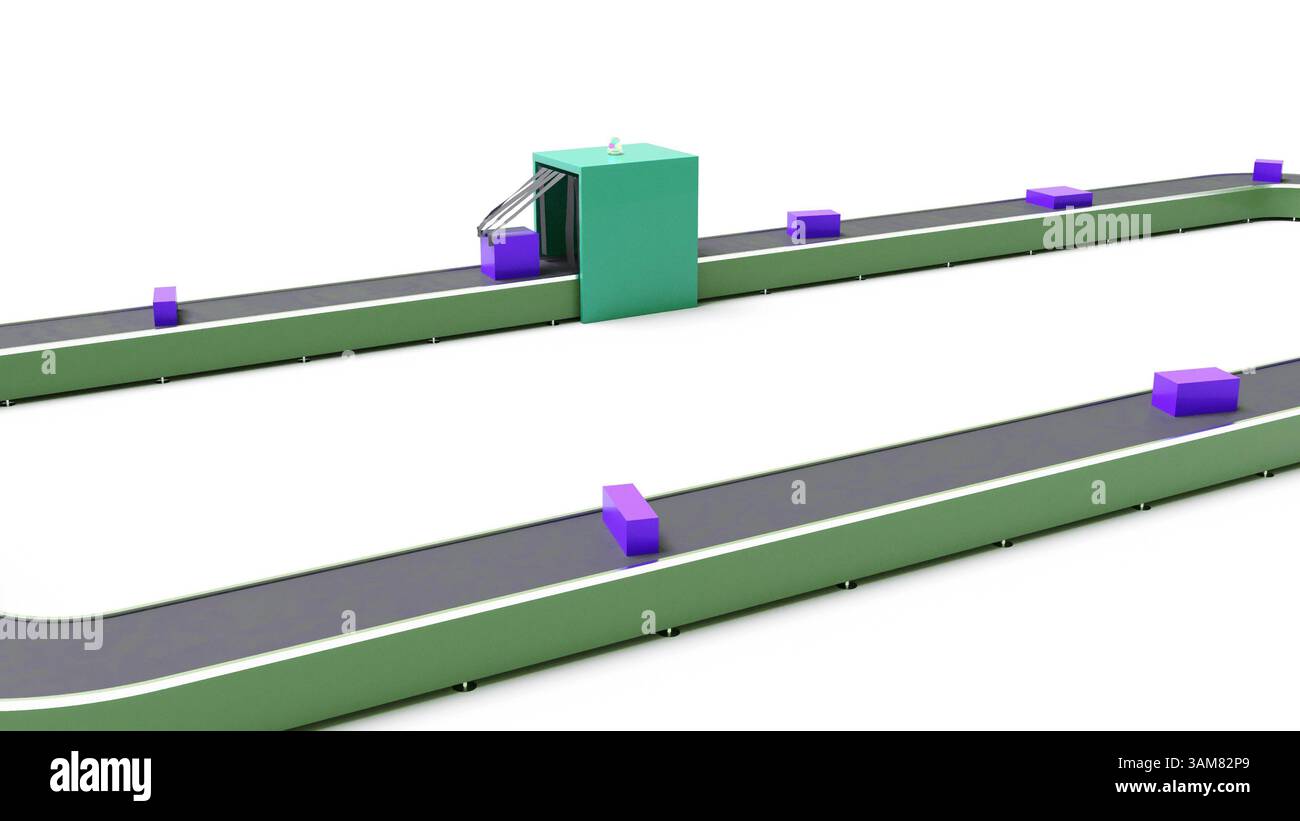 Conveyor belt product line purple boxes delivery 3d render Stock Photo ...