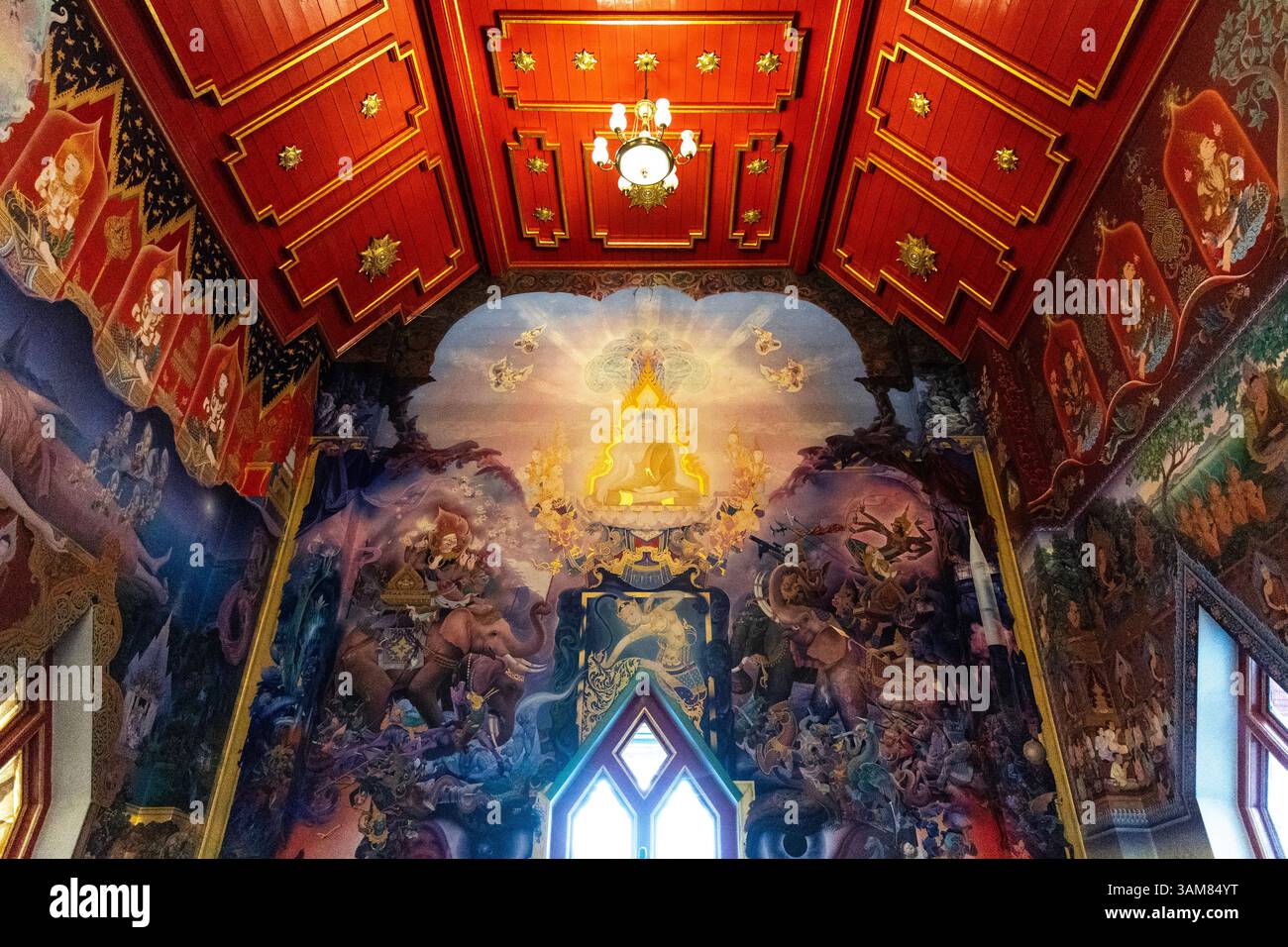 Interior of the Ordination Hall of Buddhapadipa Temple with murals by ...