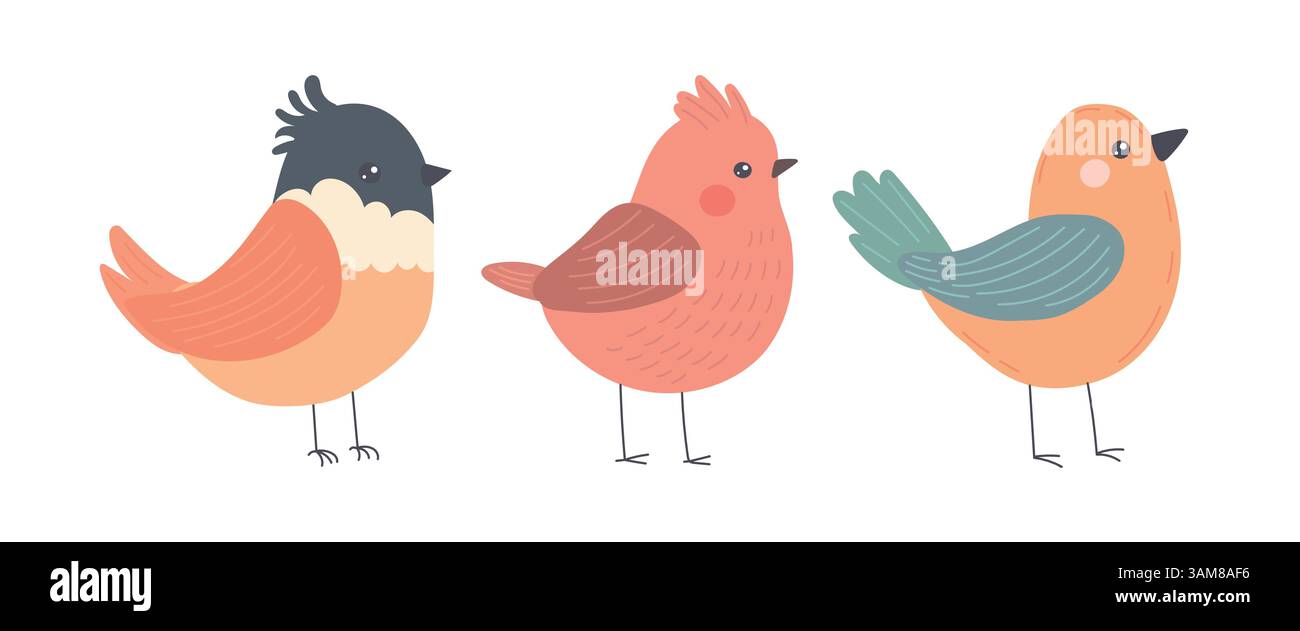 Cute trio of colorful birds with cheerful expressions and soft feathers ...