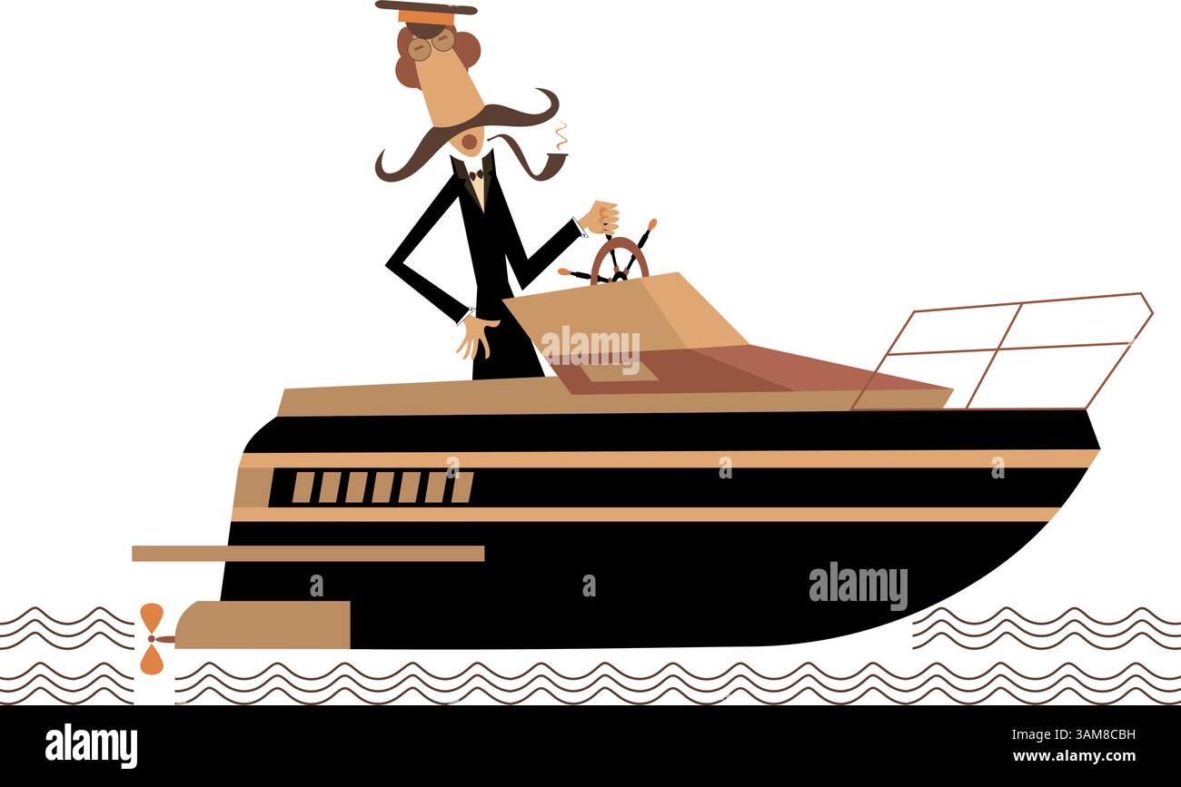Cartoon captain with a pipe rides a boat. The ship. Brave captain rides ...