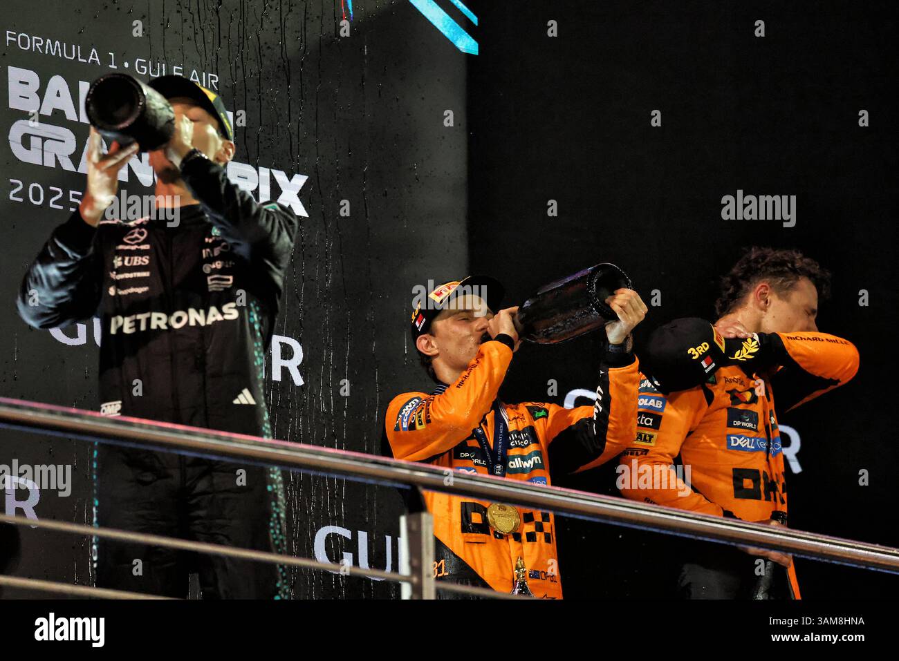 The podium (L to R): George Russell (GBR) Mercedes AMG F1, second ...