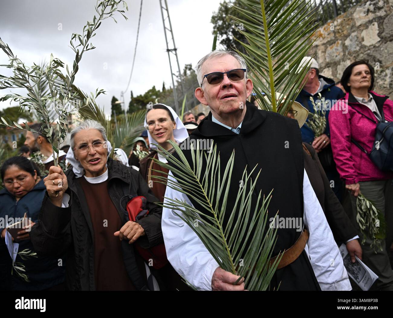 Jerusalem, Israel. 13th Apr, 2025. Priests and nuns wave olive and palm ...