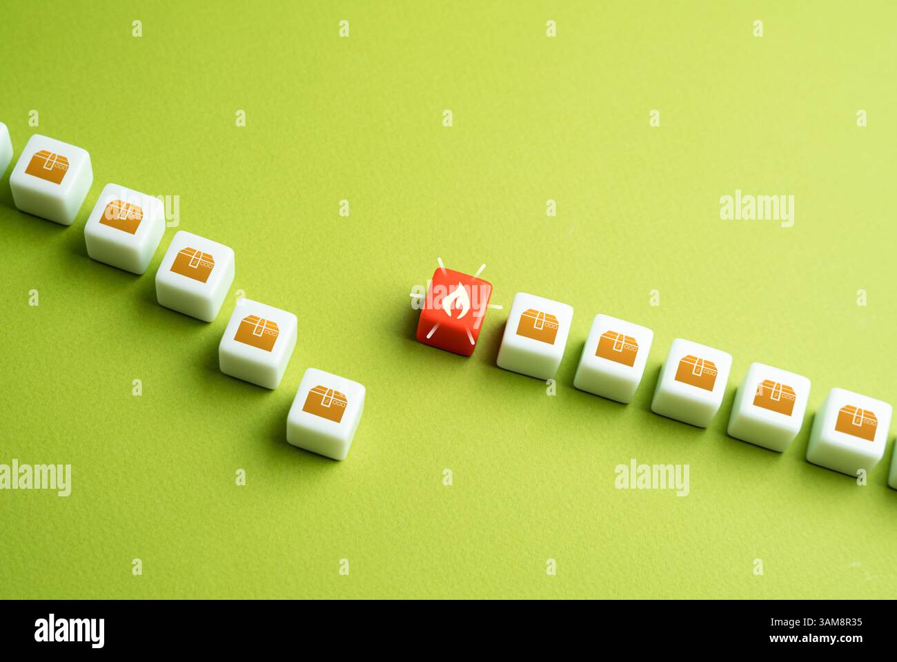 Supply chain disruption concept. A row of boxes is interrupted by an ...