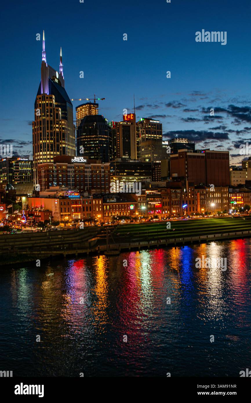 Nashville skyline by night with the most prominent building, the ...