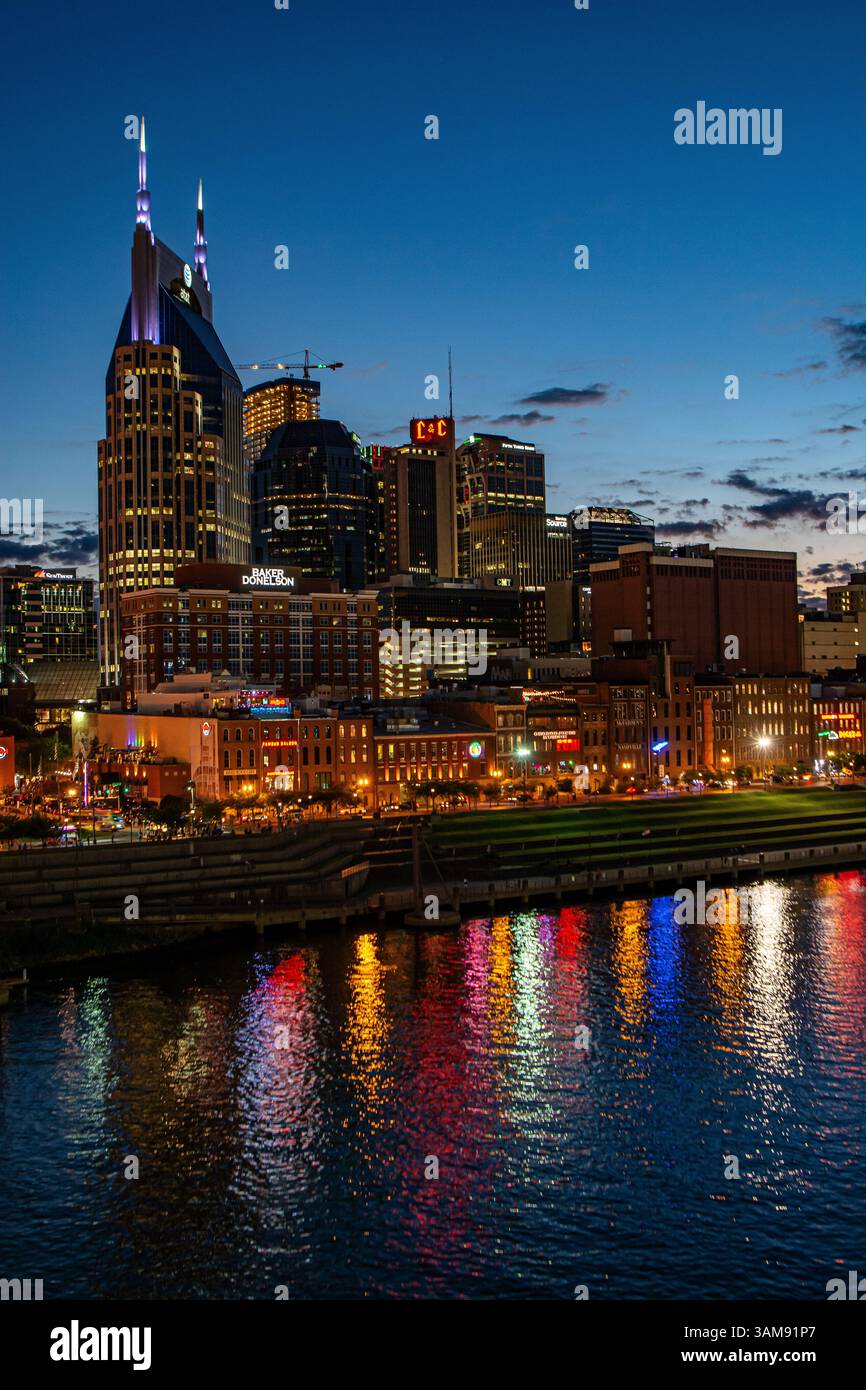 Nashville skyline by night with the most prominent building, the ...