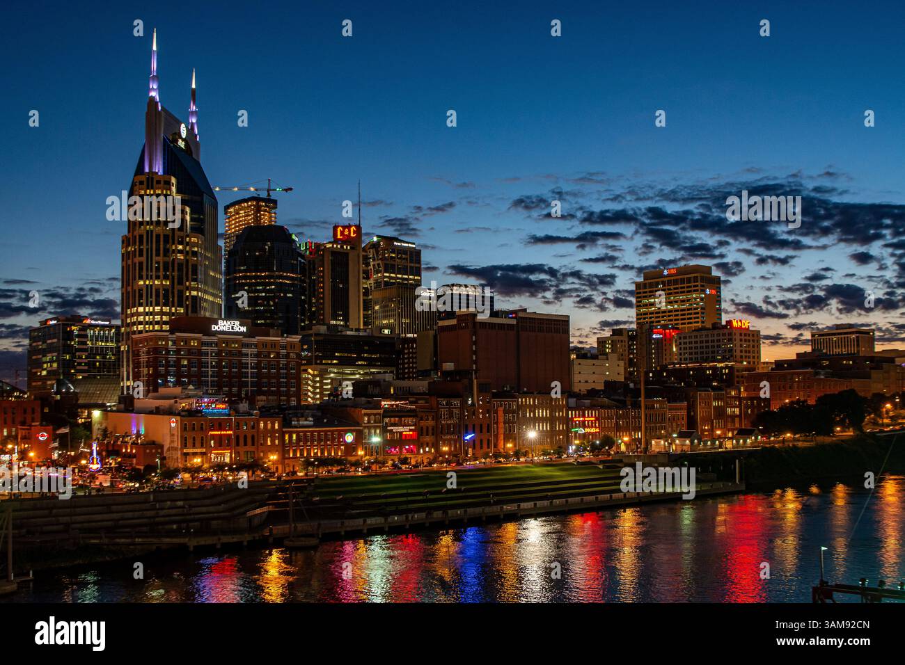 Nashville skyline by night with the most prominent building, the ...