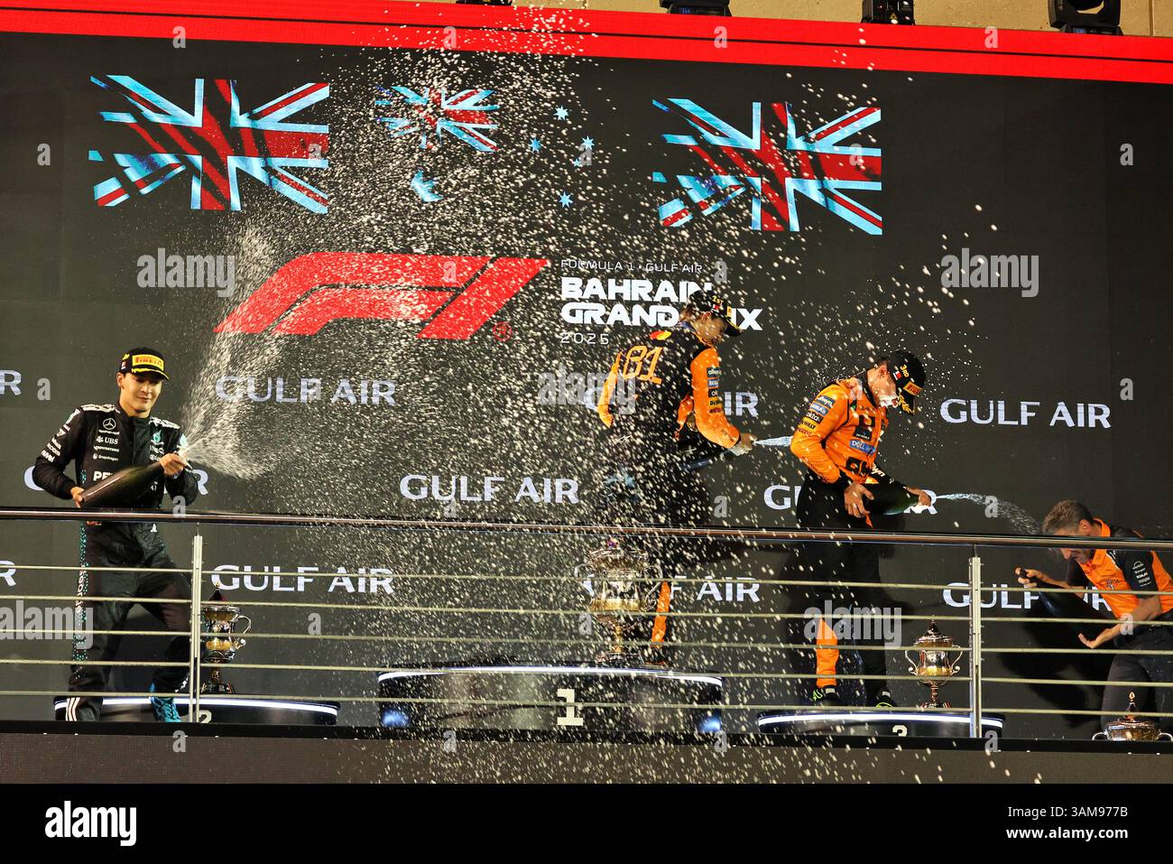 Sakhir, Bahrain. 13th Apr, 2025. The podium (L to R): George Russell ...