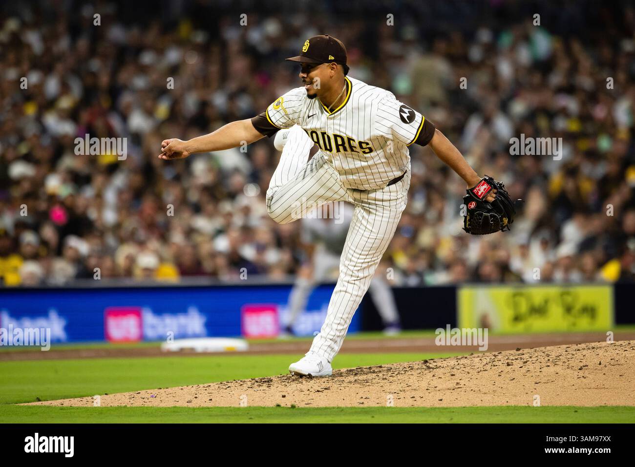 San Diego Padres' Jeremiah Estrada follows through on a pitch against ...