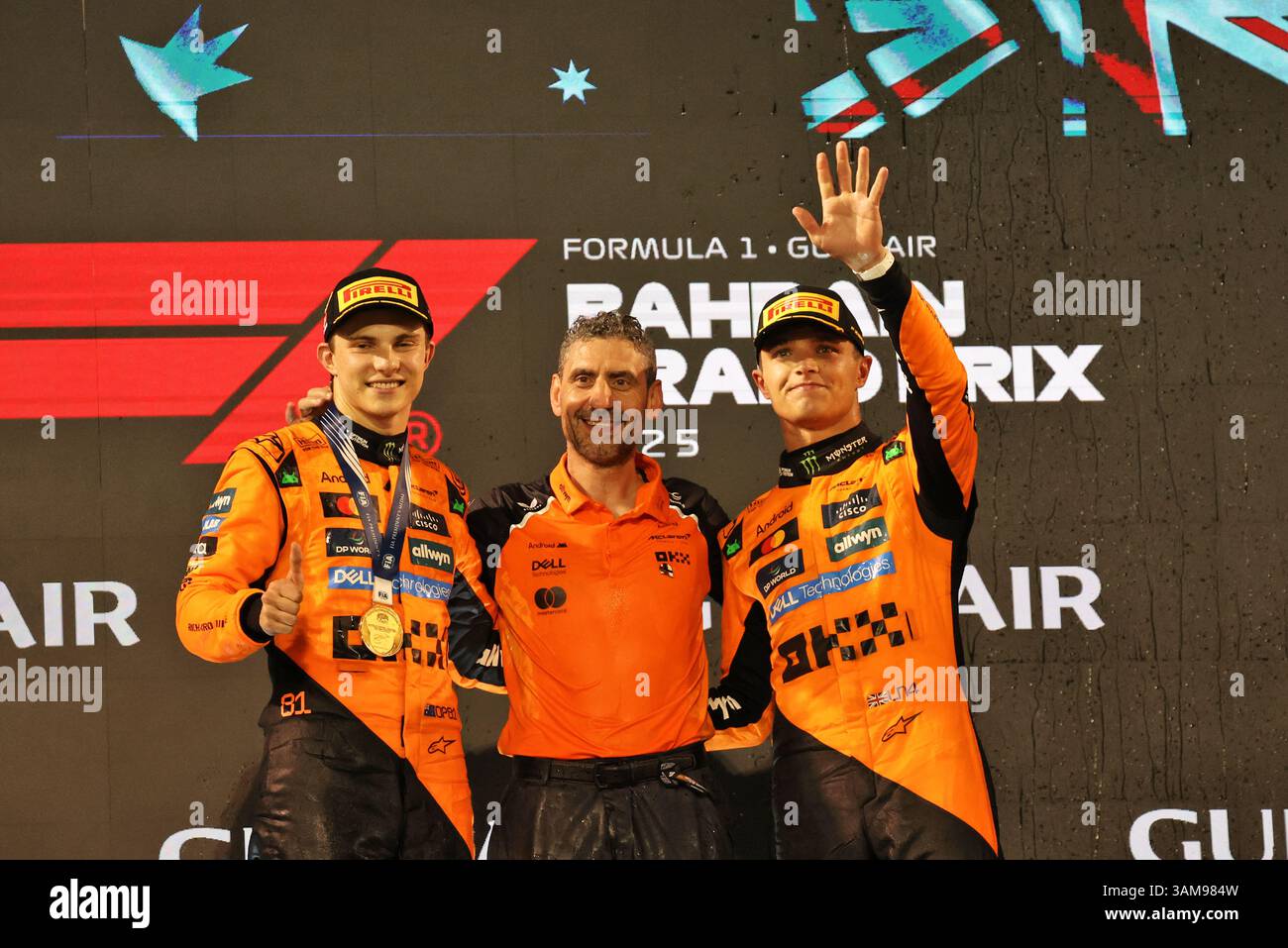 Sakhir, Bahrain. 13th Apr, 2025. The podium (L to R): Oscar Piastri ...
