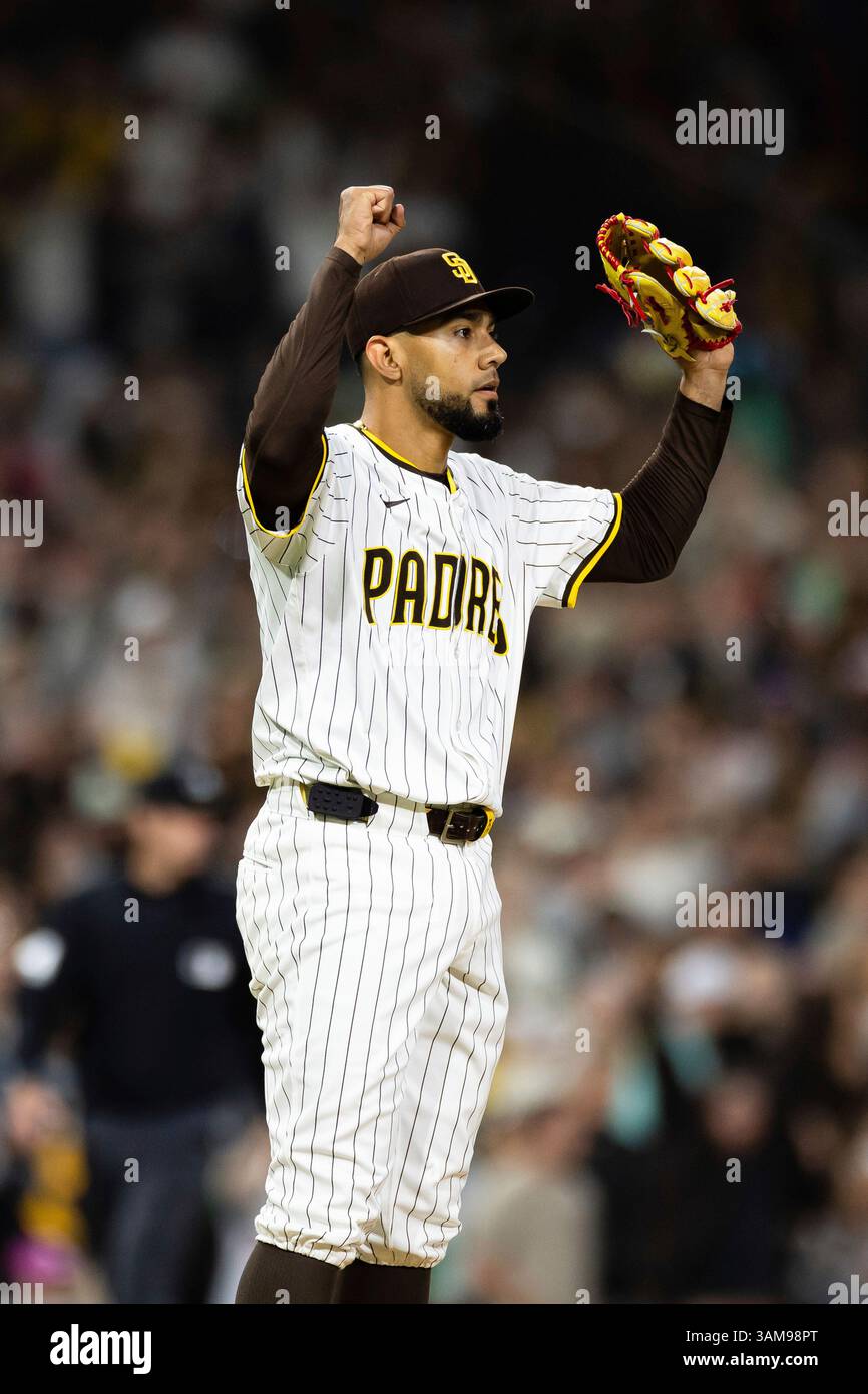 San Diego Padres relief pitcher Robert Suarez celebrates after the team ...
