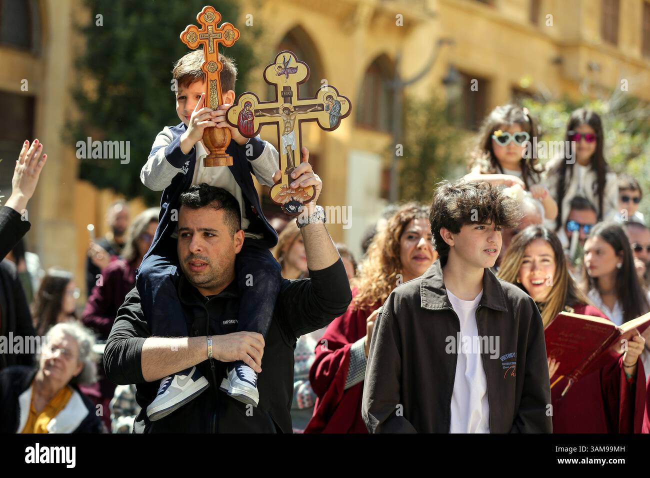 Beirut, Lebanon. 13th Apr, 2025. Lebanese celebrate Palm Sunday outside ...