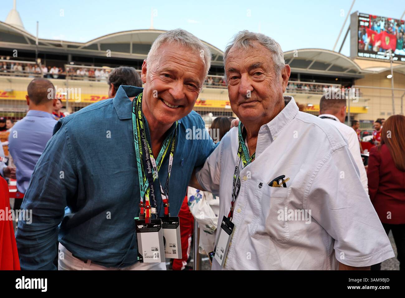 Sakhir, Bahrain. 13th Apr, 2025. (L to R): Rory Bremner (GBR) Comedian with Nick Mason (GBR ...