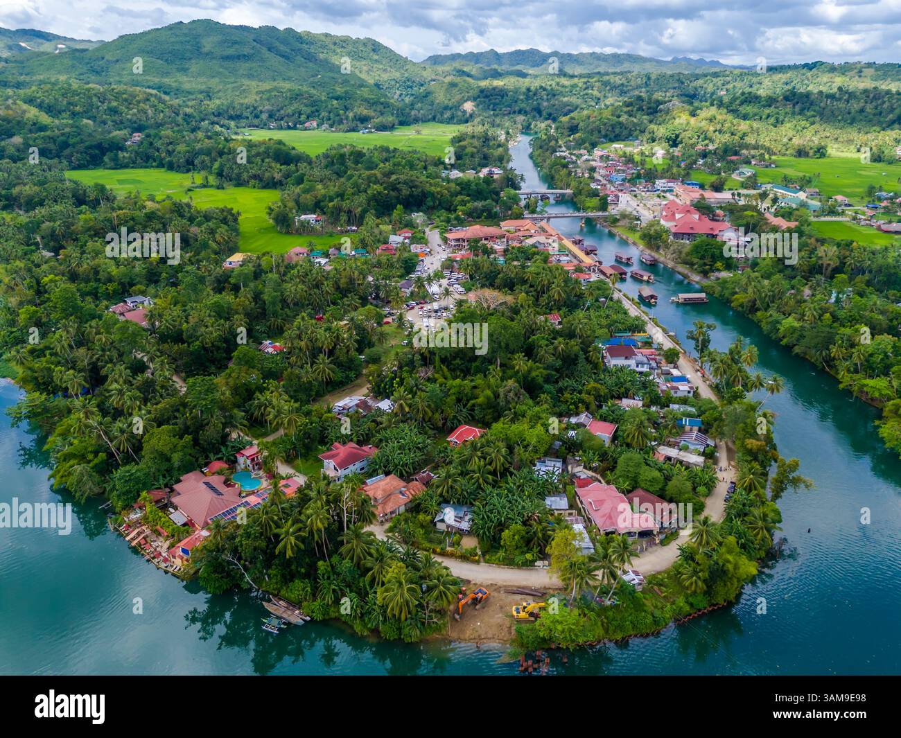 Loboc River cruise in Bohol island, Philippines. Aerial drone view of ...