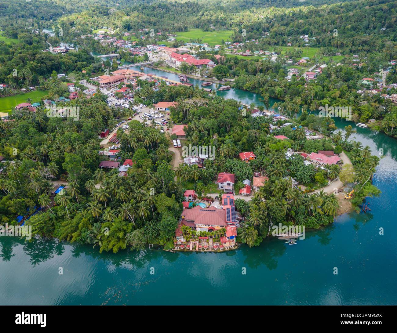 Loboc River cruise in Bohol island, Philippines. Aerial drone view of ...