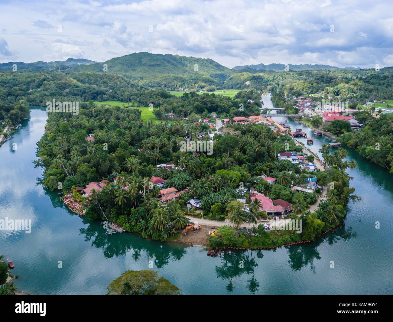 Loboc River cruise in Bohol island, Philippines. Aerial drone view of ...