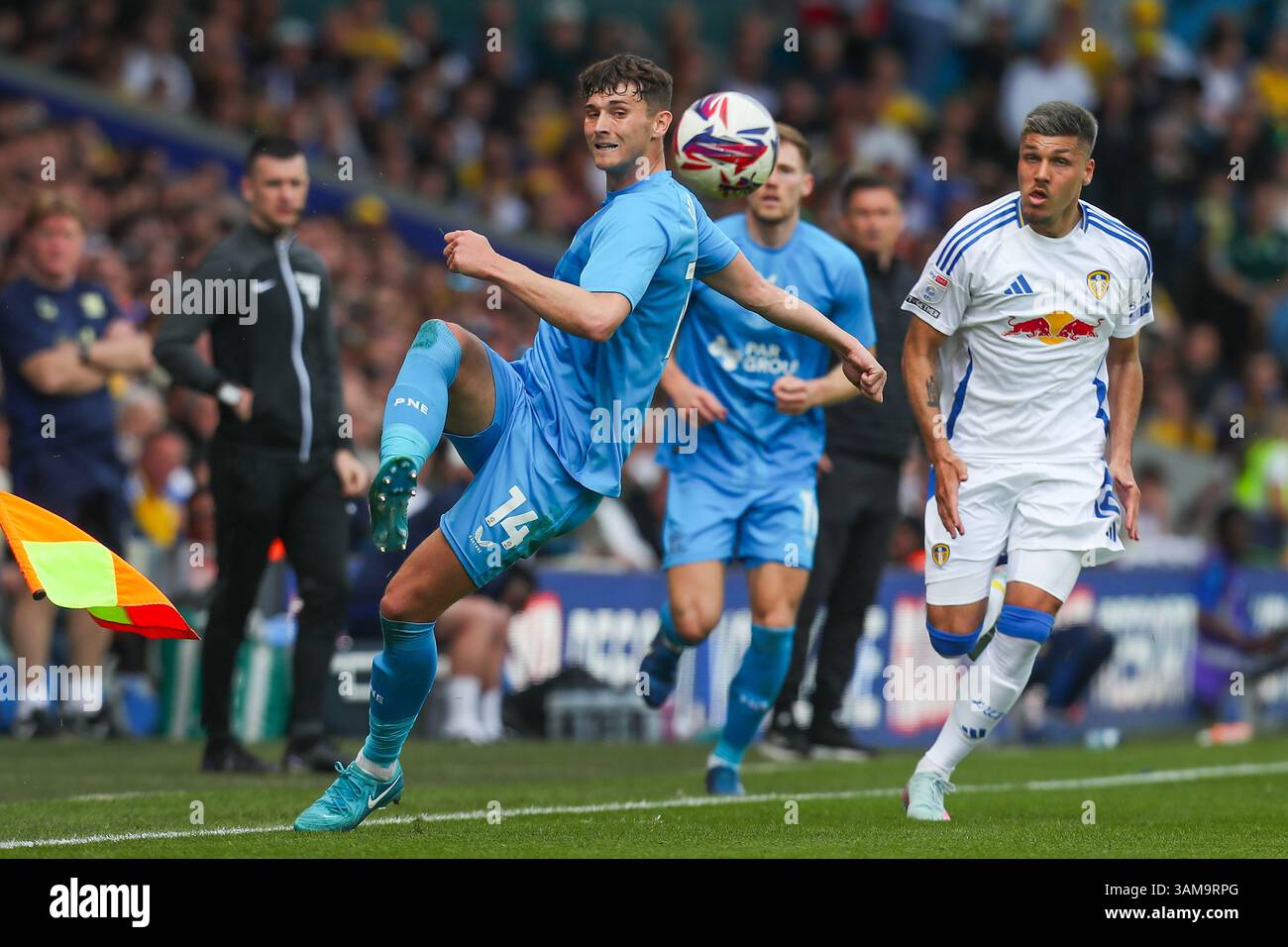 Leeds, UK. 12th Apr, 2025. Jordan Storey of Preston North End passes ...
