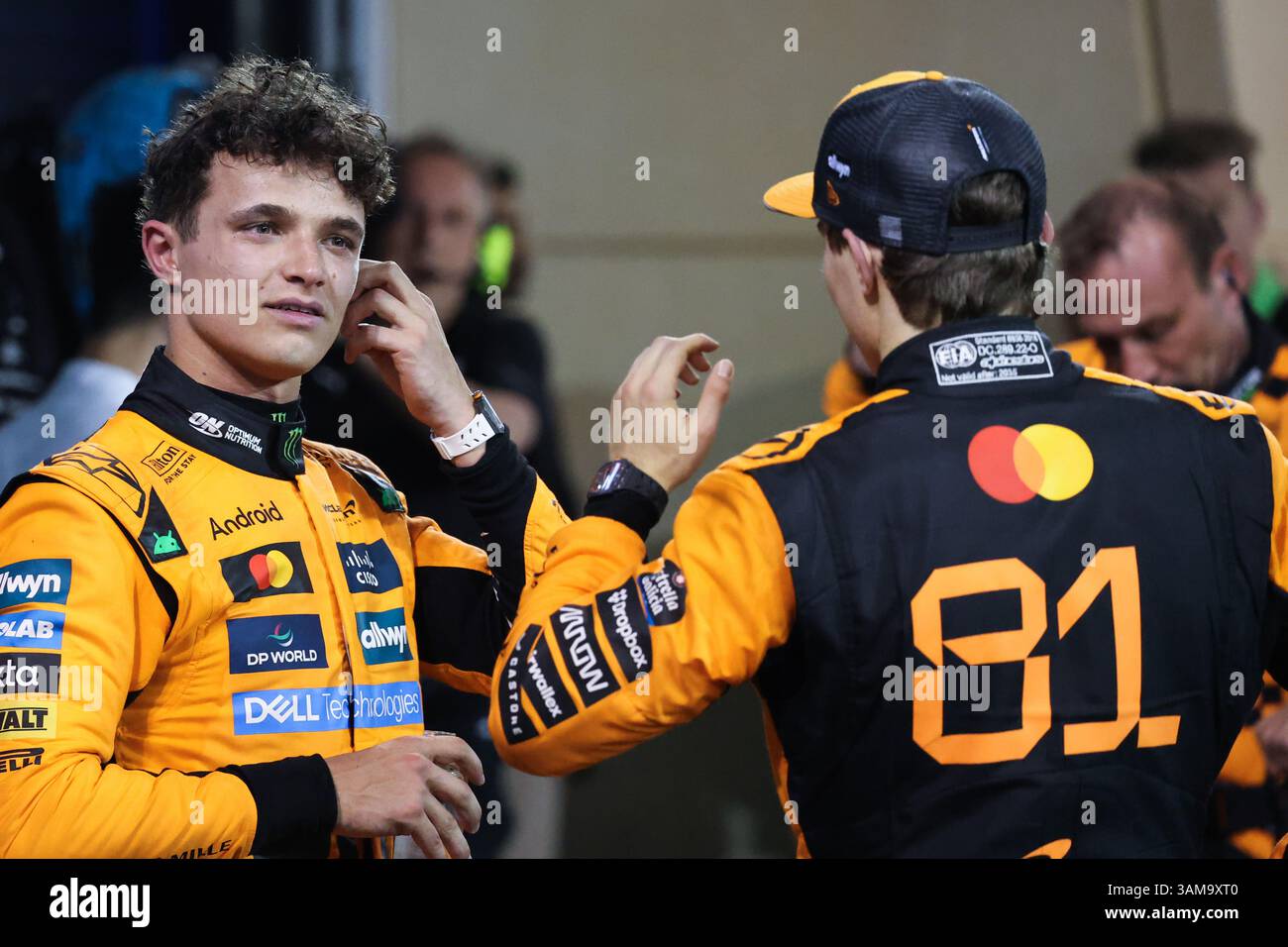 Sakhir, Bahrain. 13th Apr, 2025. (L to R): Lando Norris (GBR) McLaren ...