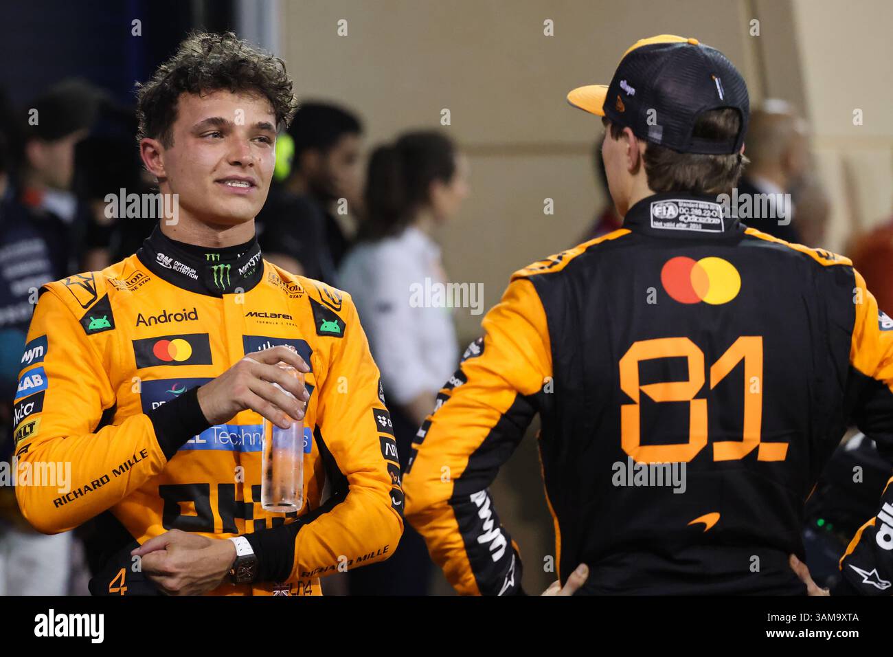 Sakhir, Bahrain. 13th Apr, 2025. (L to R): Lando Norris (GBR) McLaren ...