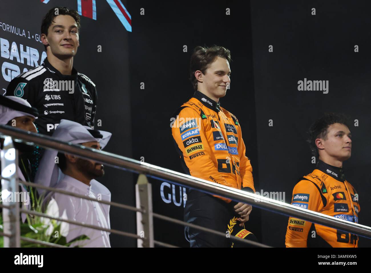 Sakhir, Bahrain. 13th Apr, 2025. The podium (L to R): George Russell ...