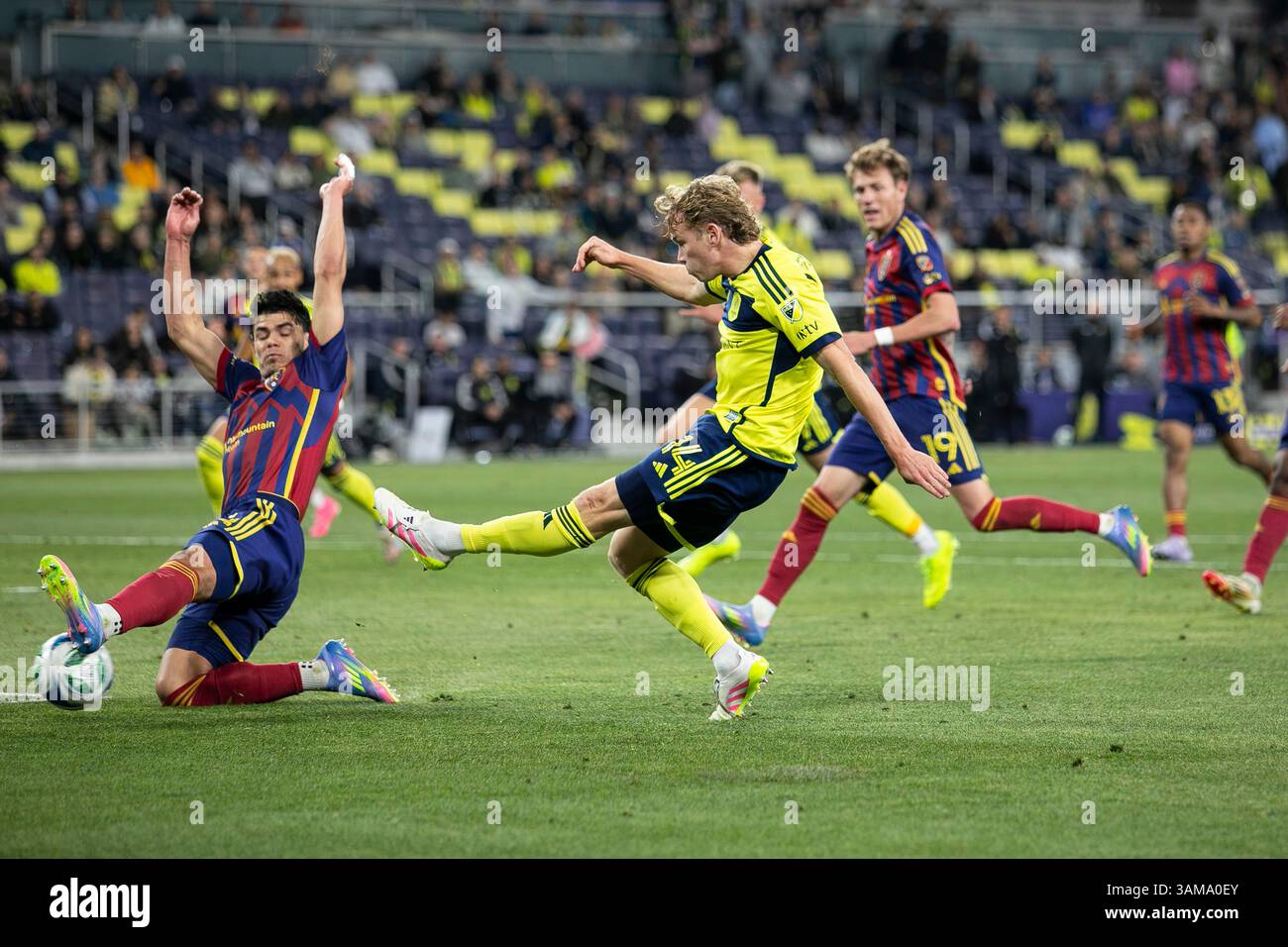 Nashville SC forward Jacob Shaffelburg (14) takes a shot at the goal ...