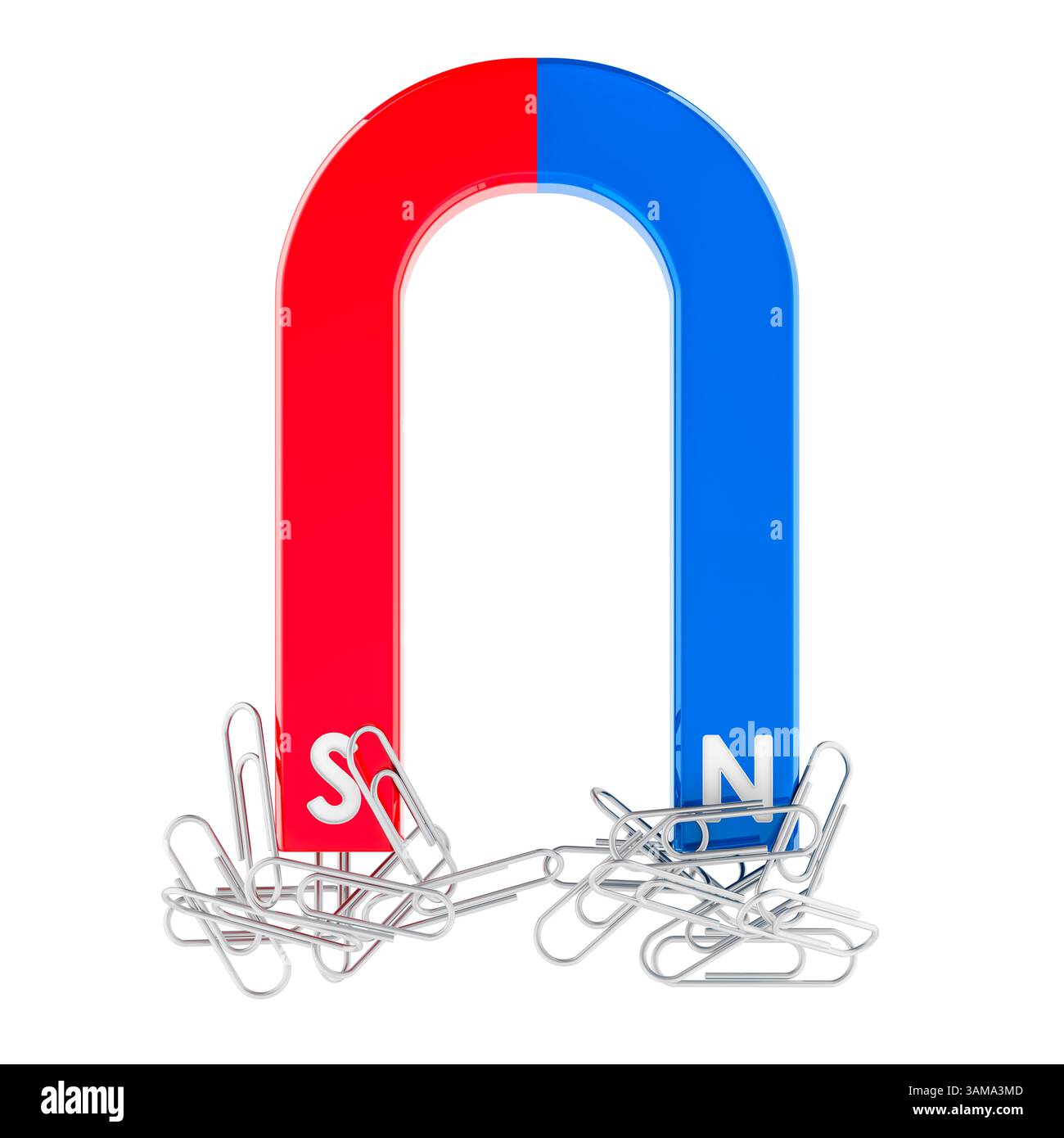 Magnet attracting paper clips. 3D rendering isolated on white ...