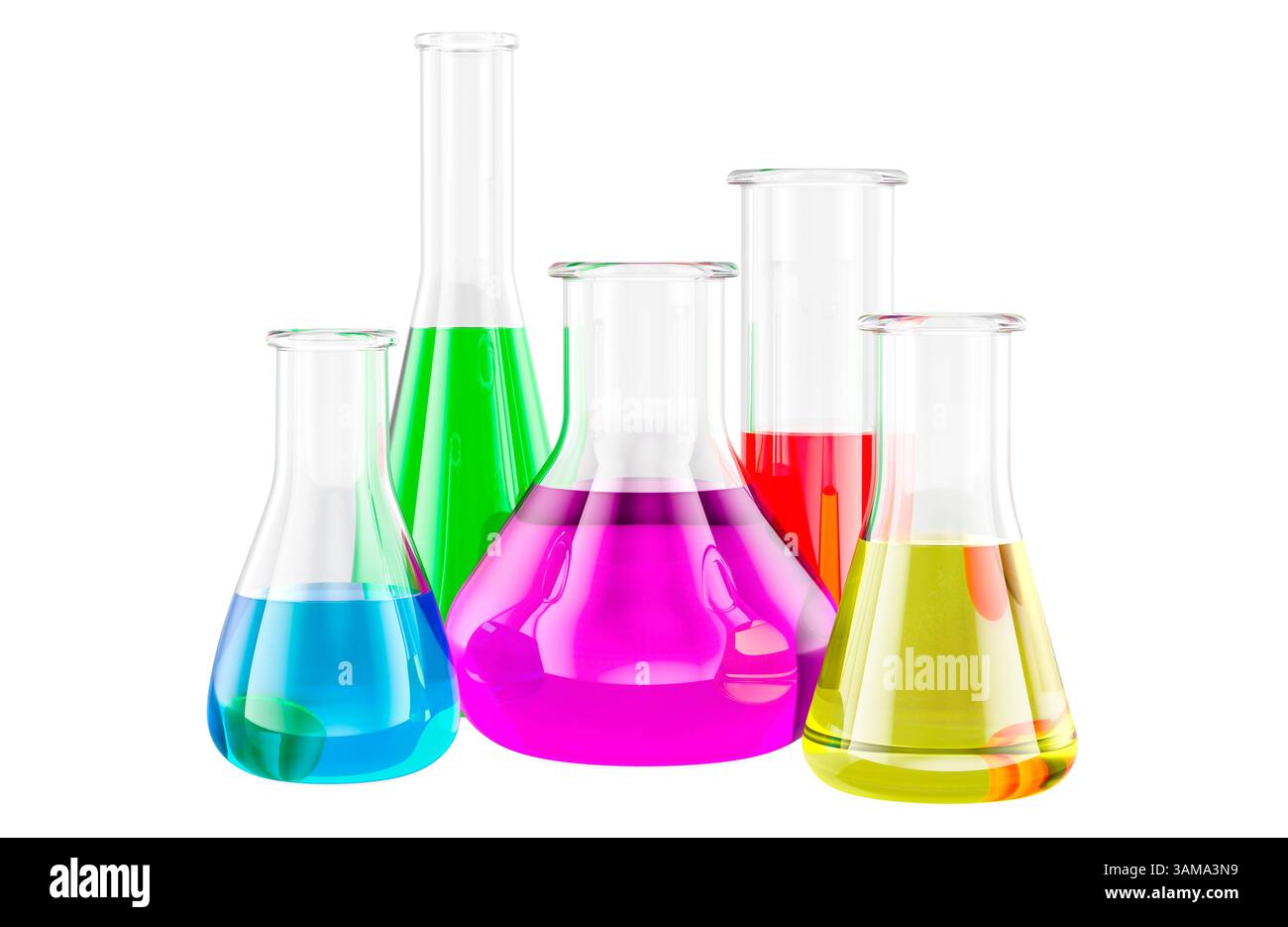 Set of chemical flasks with colored liquid. Chemistry laboratory ...
