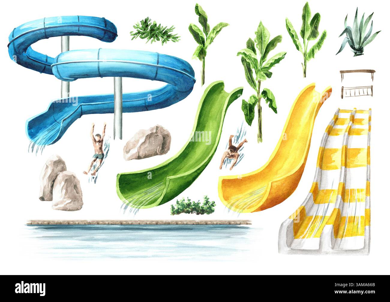 Water slides, Aqua park elements set. Hand drawn watercolor ...