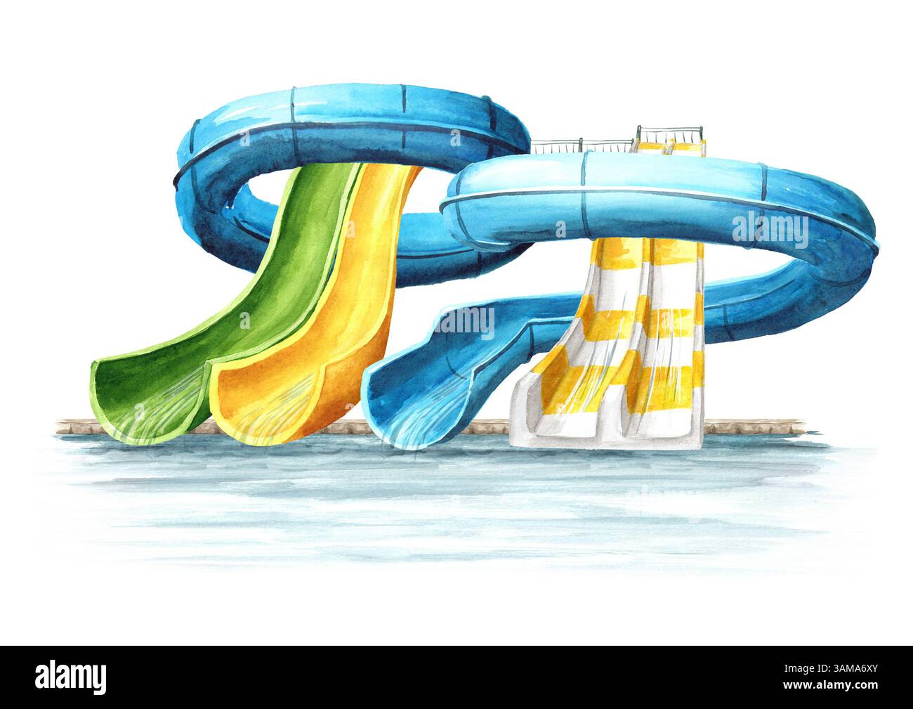 Water Slides Aqua Park Hand Drawn Watercolor Illustration Isolated On
