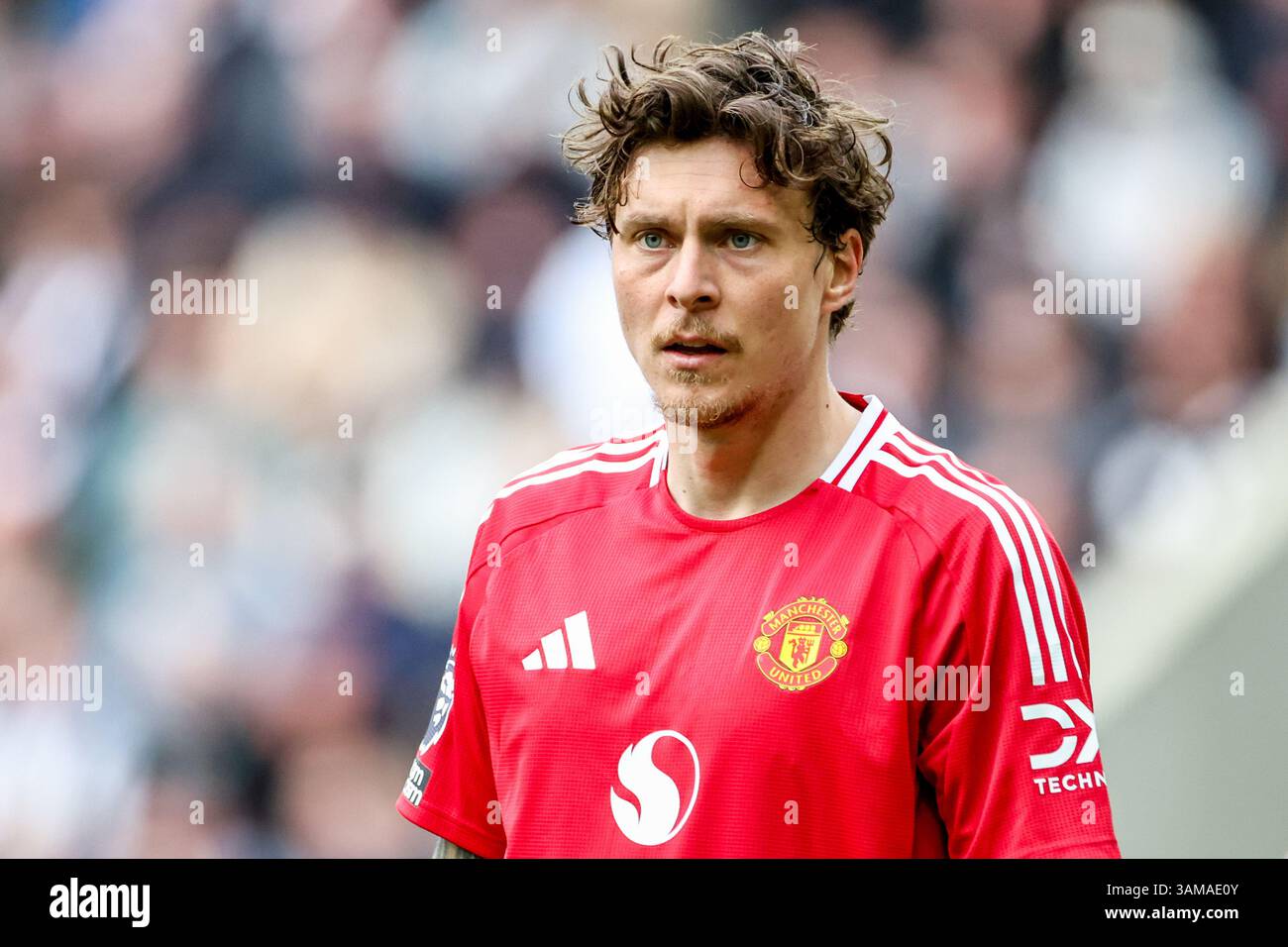 Newcastle, UK. 13th Apr, 2025. Victor Lindelöf of Manchester United ...
