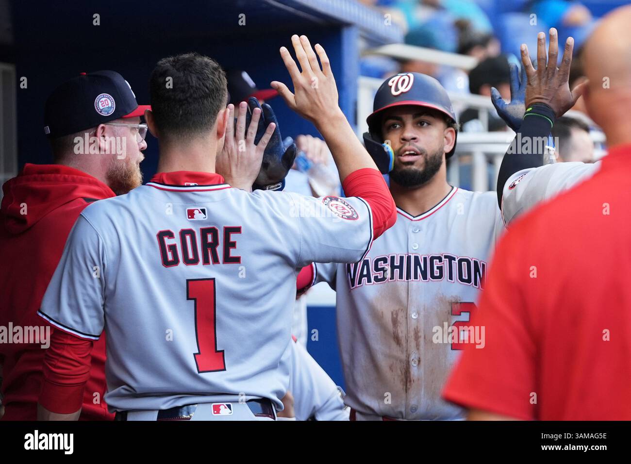 Washington Nationals' Luis Garcia Jr. is congratulated in the dugout ...