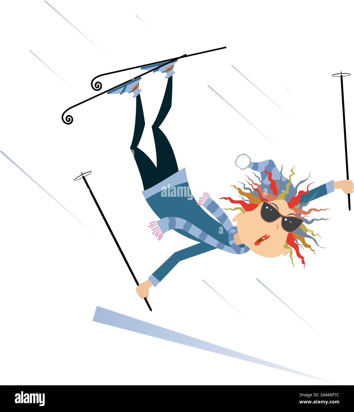 Winter sport. Skiing woman. Falling down skier woman. Isolated on white ...