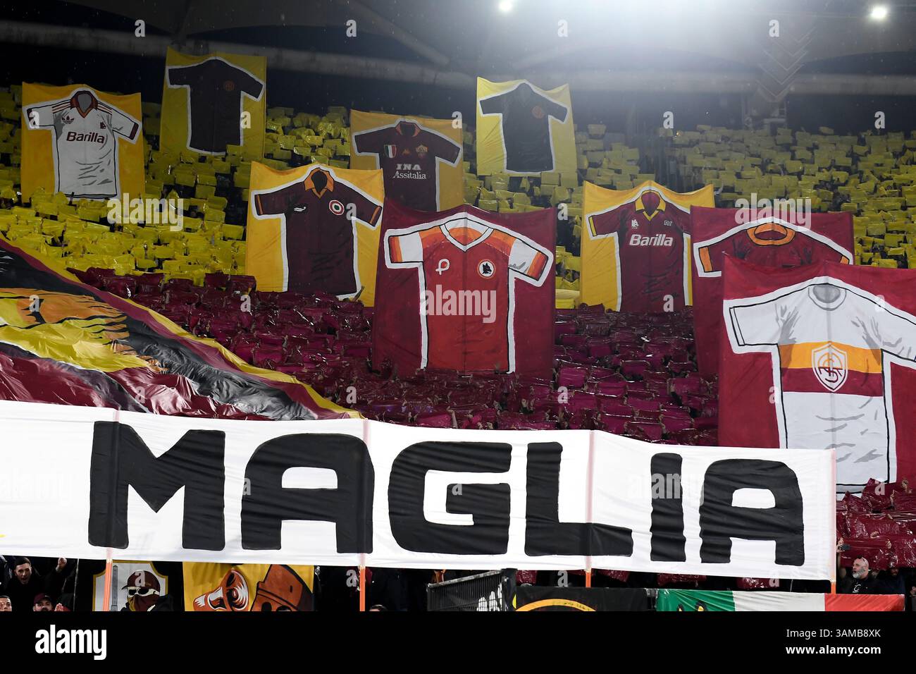 Rome, Italy. 13th Apr, 2025. Roma fans show a choreography during the ...