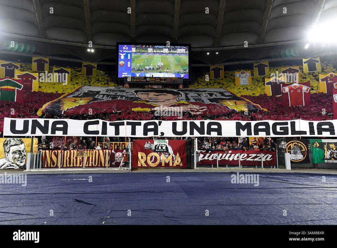 Rome, Italy. 13th Apr, 2025. Roma fans show a choreography during the ...