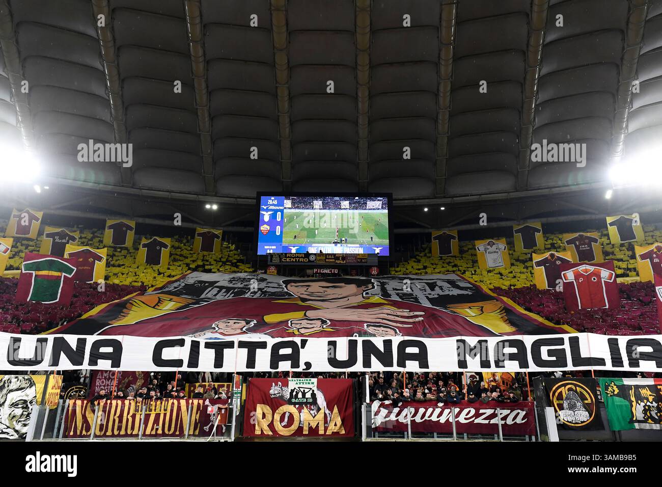 Rome, Italy. 13th Apr, 2025. Roma fans show a choreography during the ...