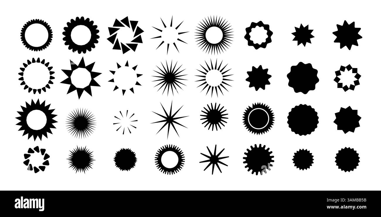 Circle sticker set. Wavy edge promo black badges. Star burst shape tags ...