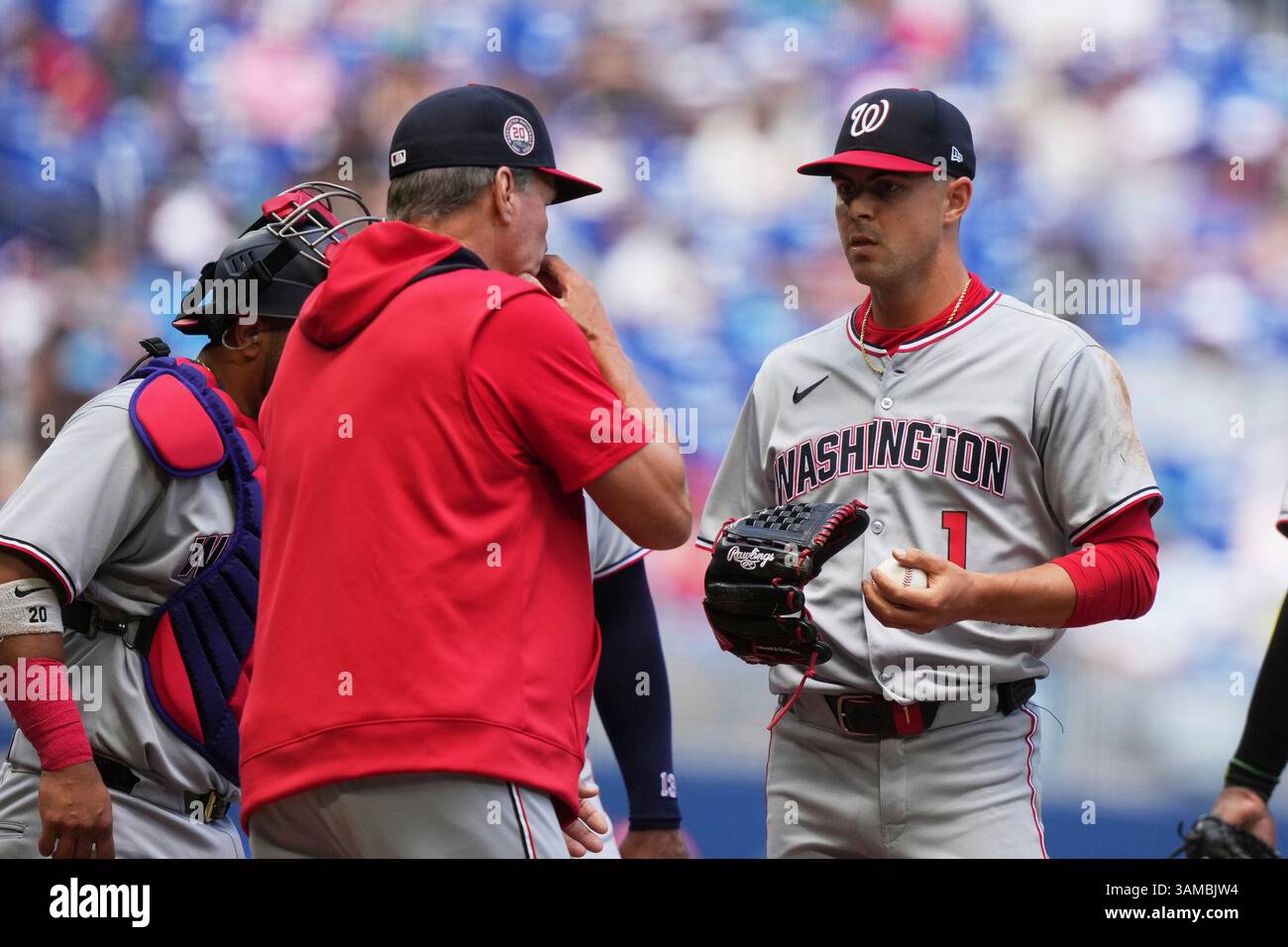 Washington Nationals starting pitcher MacKenzie Gore, right, talks with ...