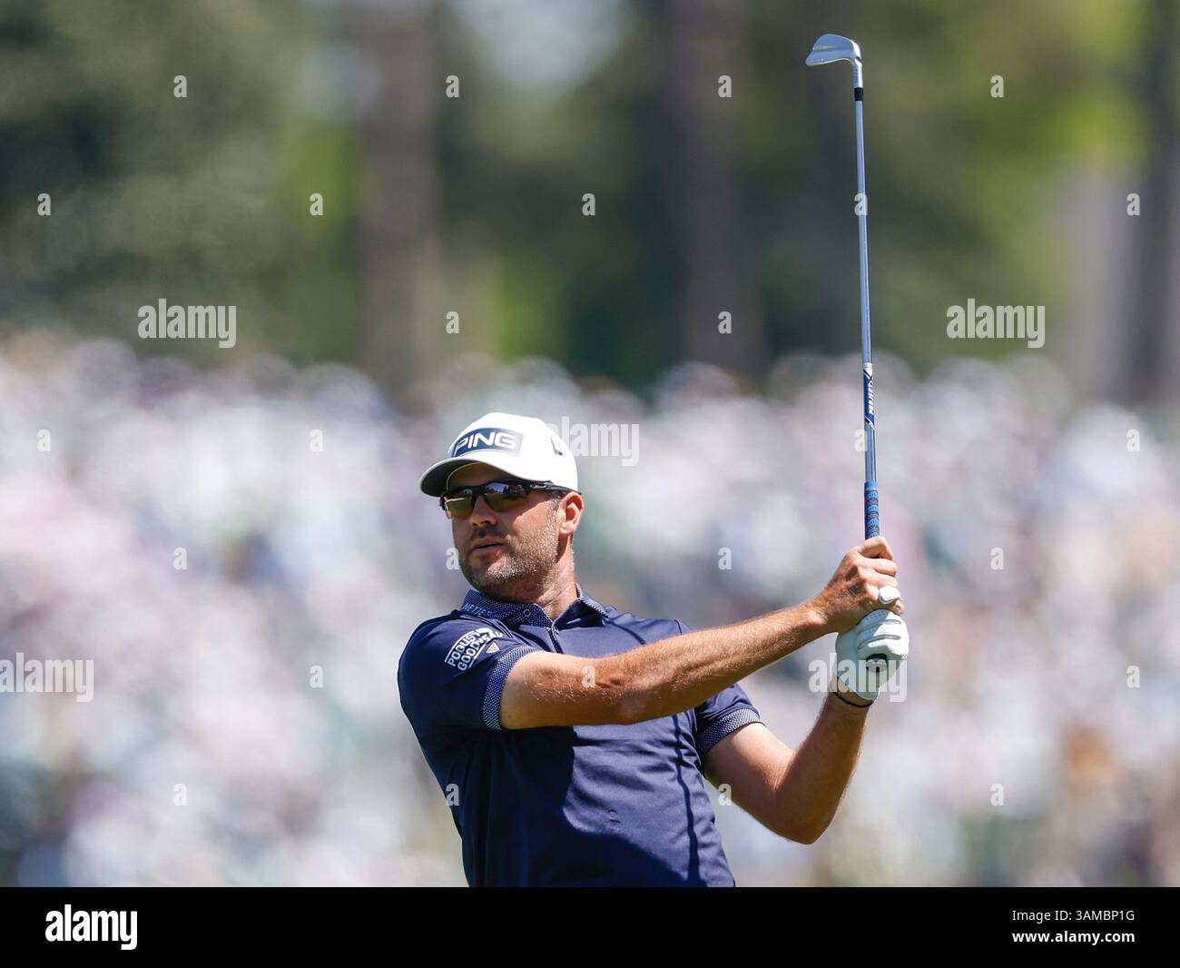 Augusta, United States. 13th Apr, 2025. Corey Connors of Canada hits an ...