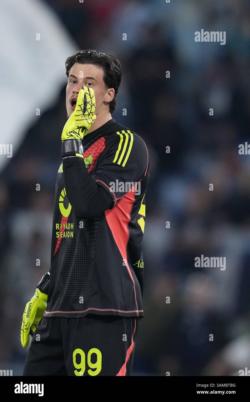 Roma, Italia. 13th Apr, 2025. Roma's goalkeeper Mile Svilar during the ...