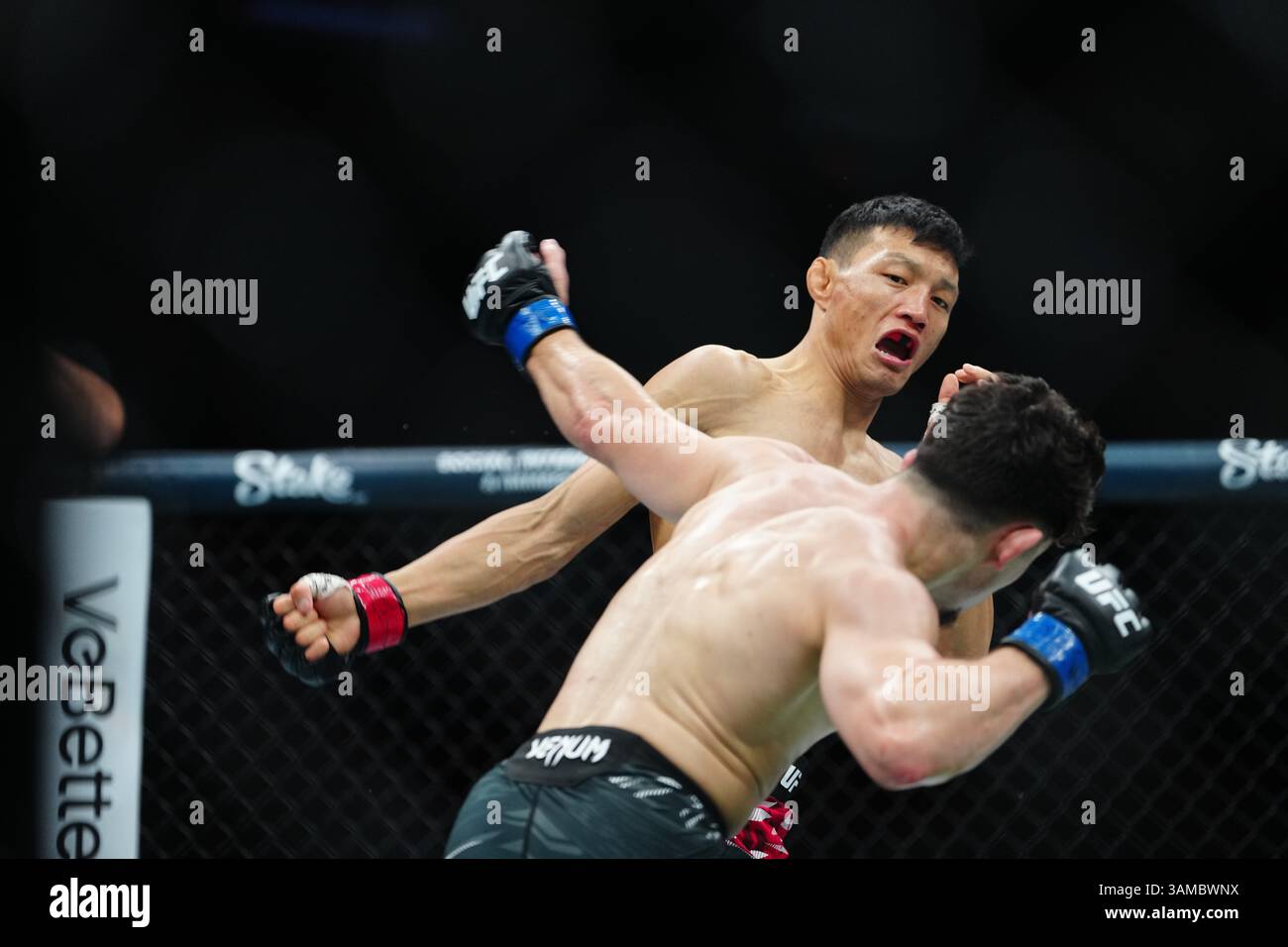 MIAMI, FL - APRIL 12:Sumudaerji and Mitch Raposo meet in the octagon ...