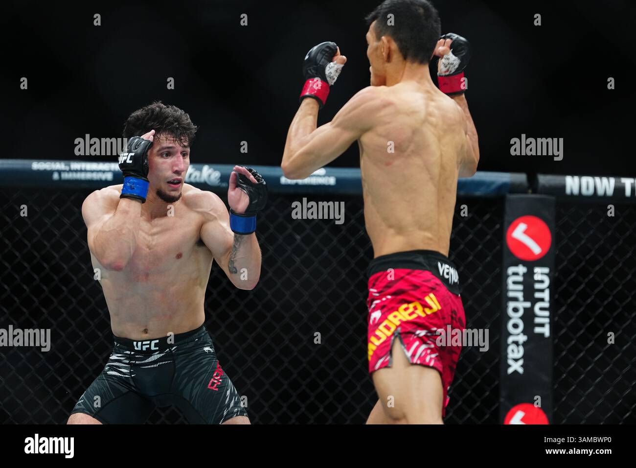MIAMI, FL - APRIL 12:Sumudaerji and Mitch Raposo meet in the octagon ...